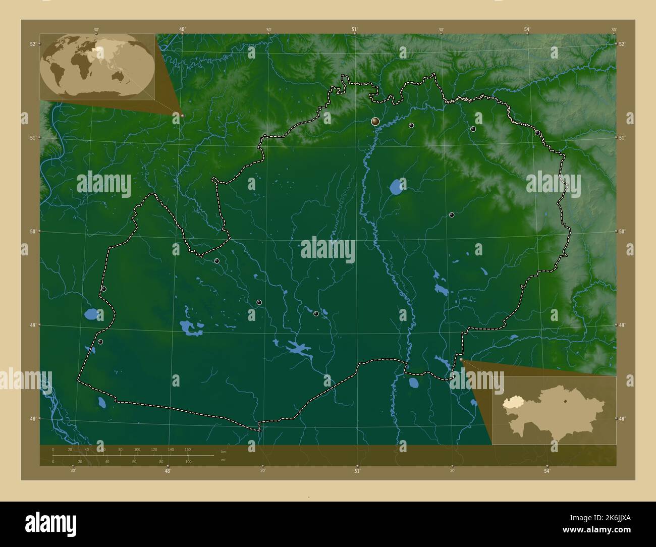 West Kazakhstan, region of Kazakhstan. Colored elevation map with lakes ...