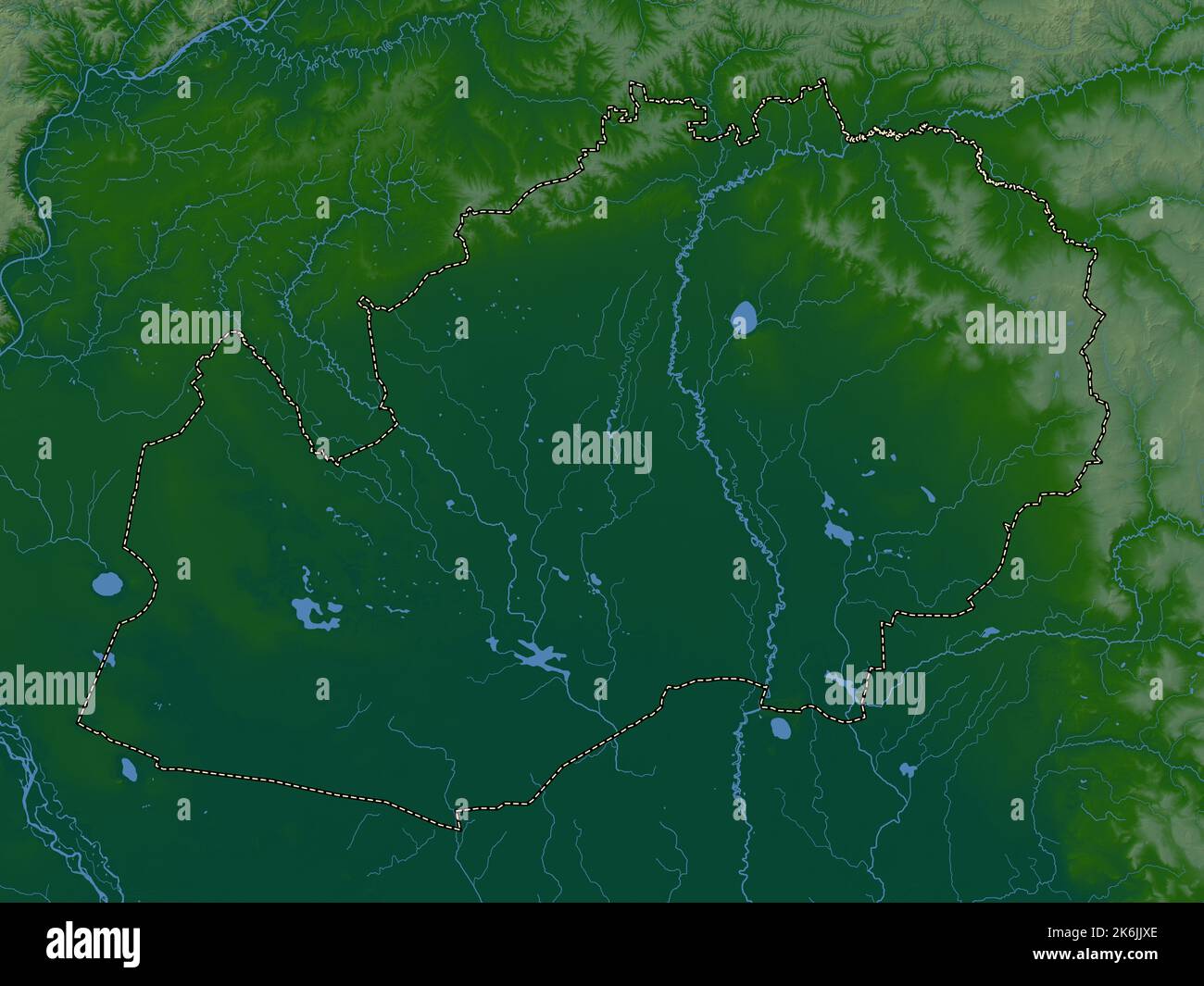 West Kazakhstan, region of Kazakhstan. Colored elevation map with lakes ...