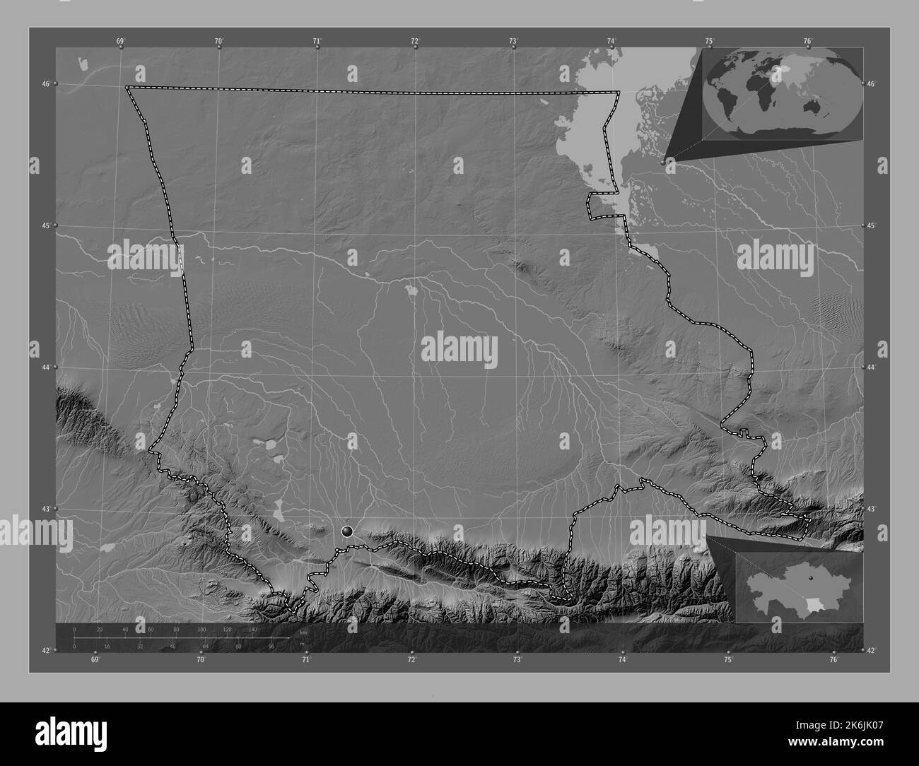 Zhambyl, region of Kazakhstan. Bilevel elevation map with lakes and ...
