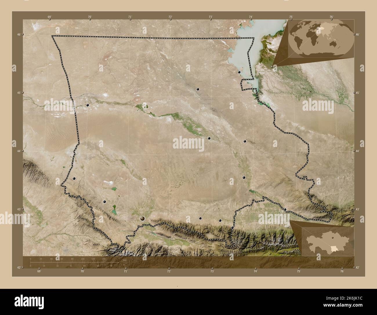 Zhambyl, region of Kazakhstan. Low resolution satellite map. Locations ...