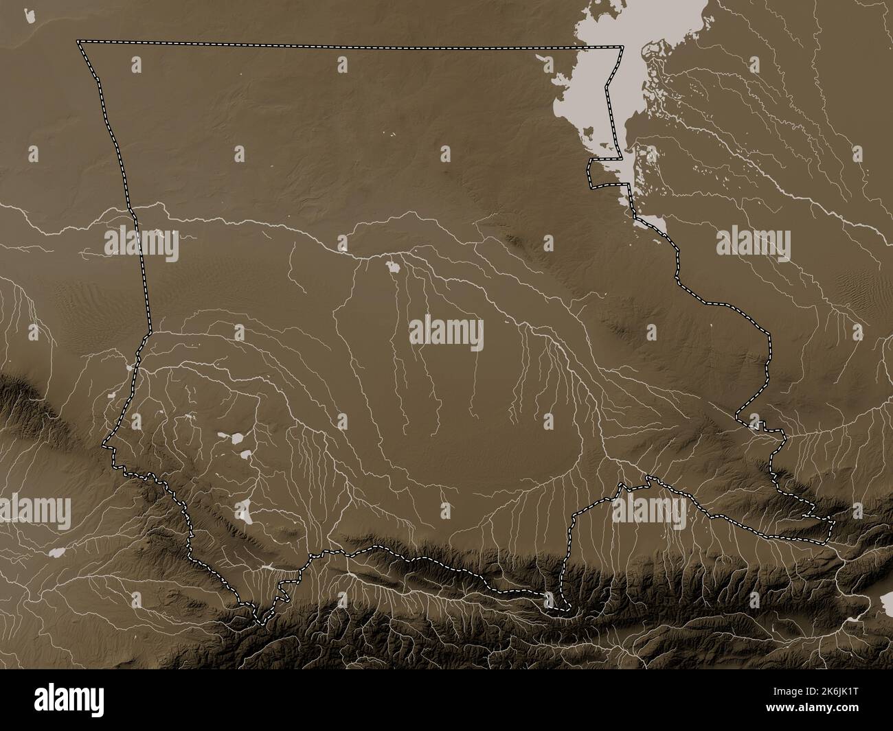 Zhambyl, region of Kazakhstan. Elevation map colored in sepia tones ...