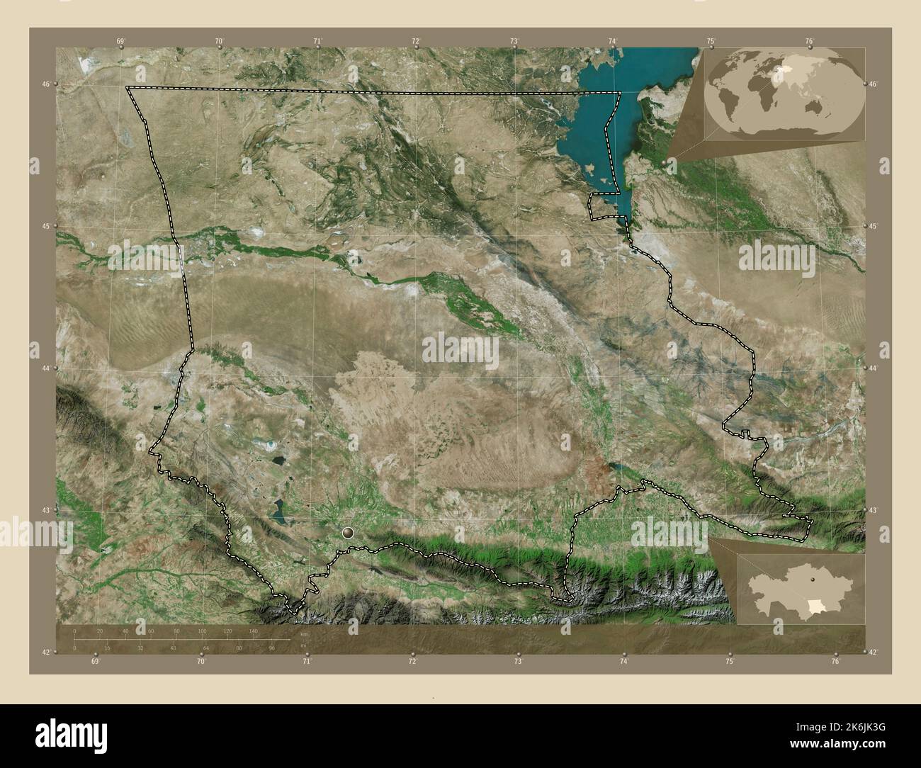 Zhambyl, region of Kazakhstan. High resolution satellite map. Corner ...
