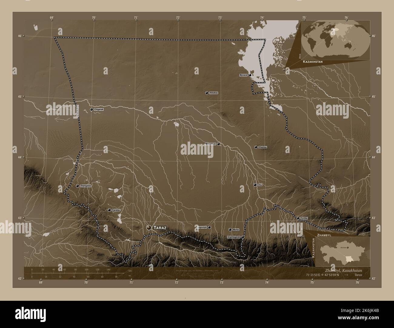 Zhambyl, region of Kazakhstan. Elevation map colored in sepia tones ...