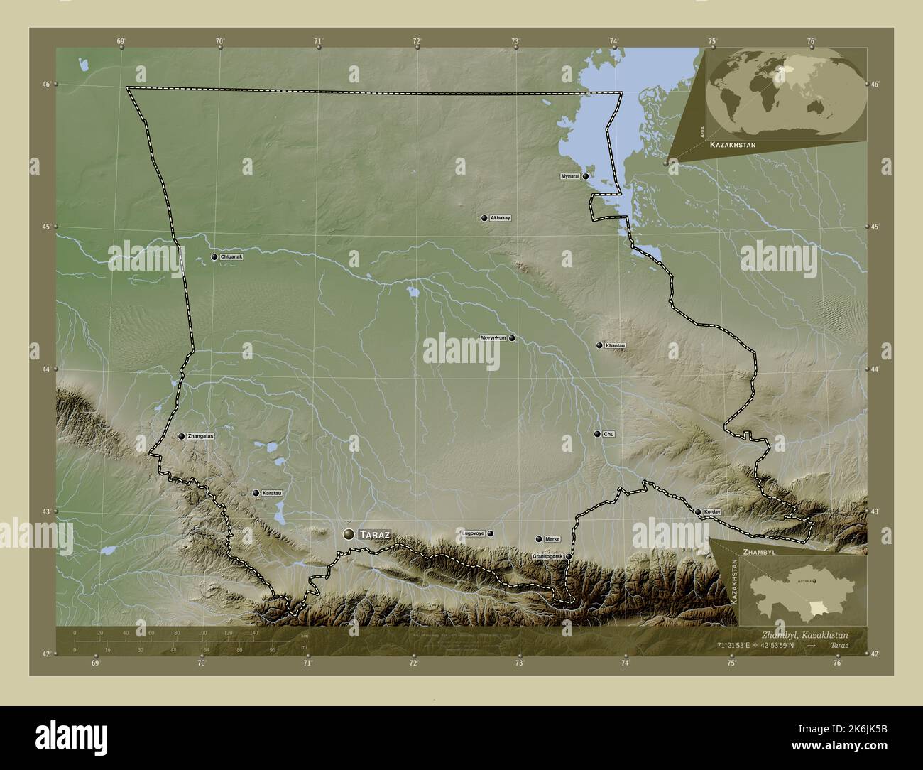 Zhambyl, region of Kazakhstan. Elevation map colored in wiki style with ...