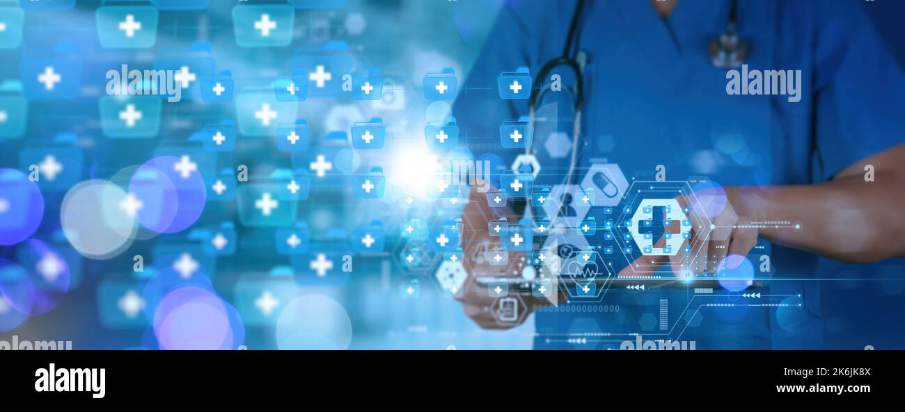 Medical doctor hand holding digital tablet Chatbot conversation app ...