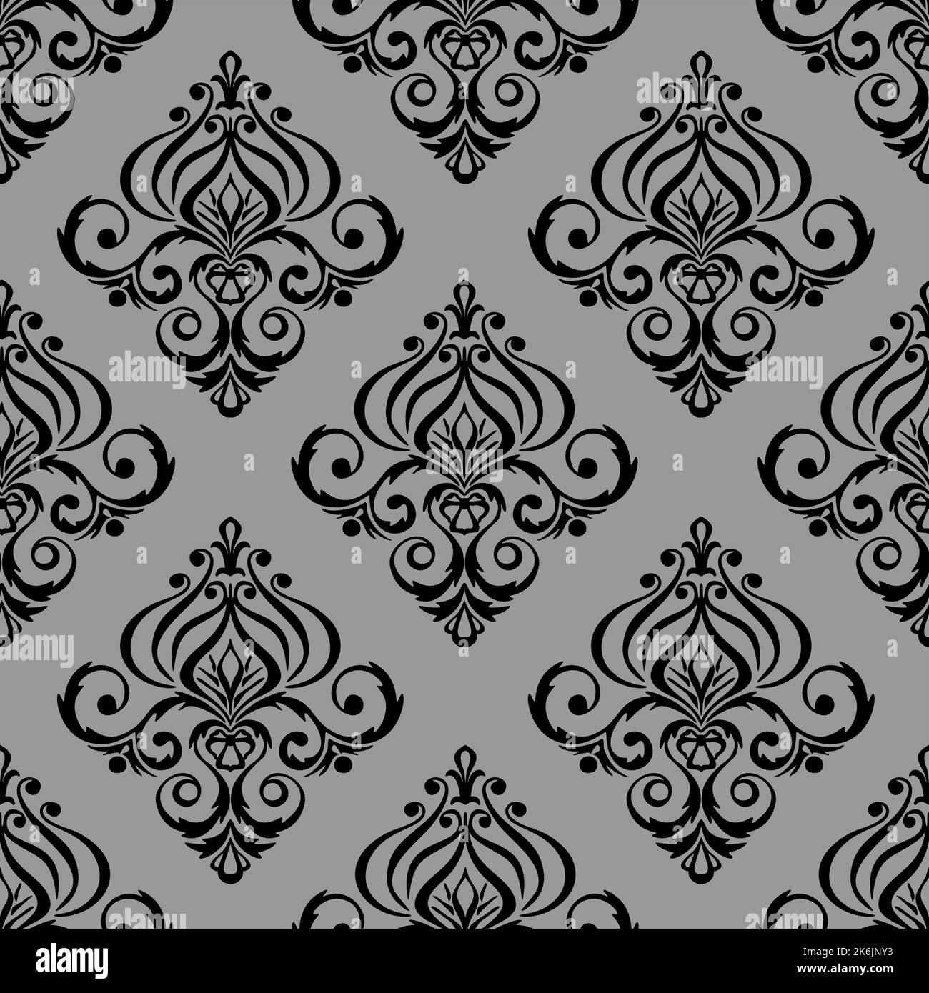 seamless graphic pattern, floral black ornament tile on gray background ...