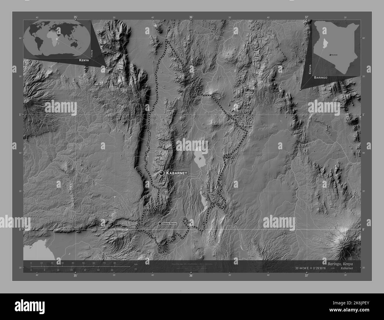 Baringo, county of Kenya. Bilevel elevation map with lakes and rivers ...