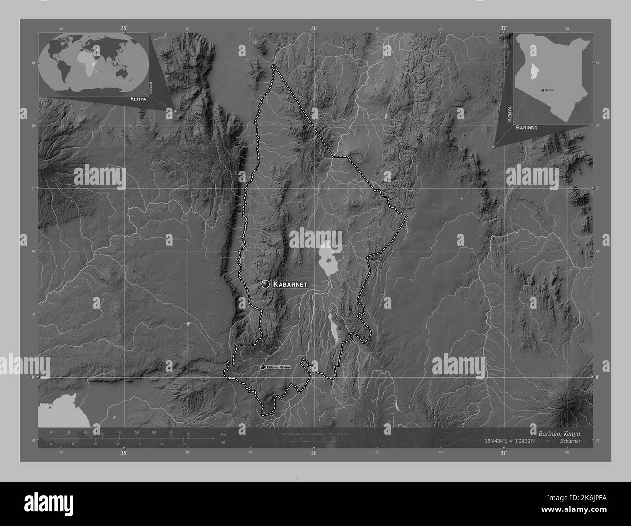 Baringo, county of Kenya. Grayscale elevation map with lakes and rivers ...
