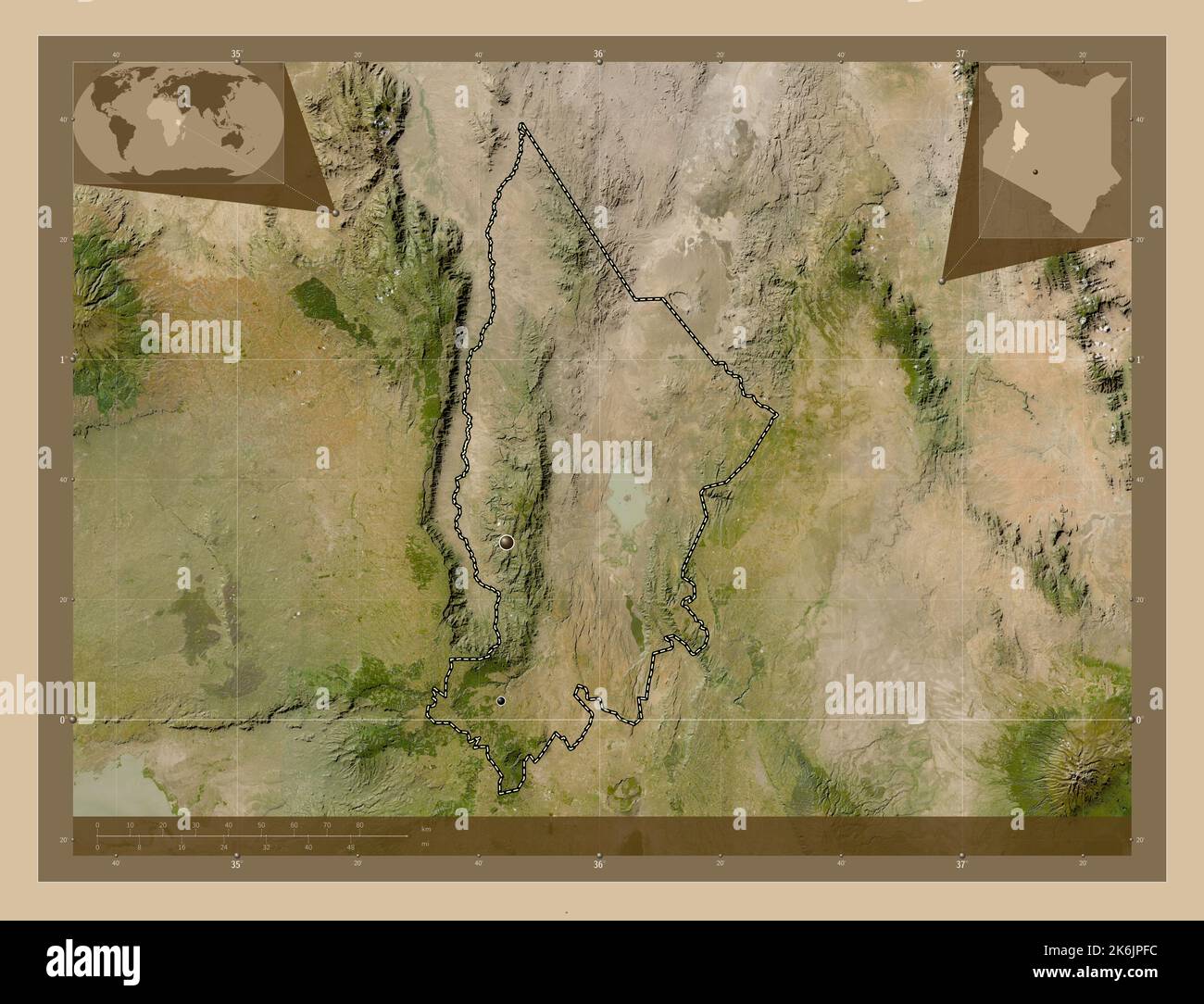 Baringo, county of Kenya. Low resolution satellite map. Locations of ...