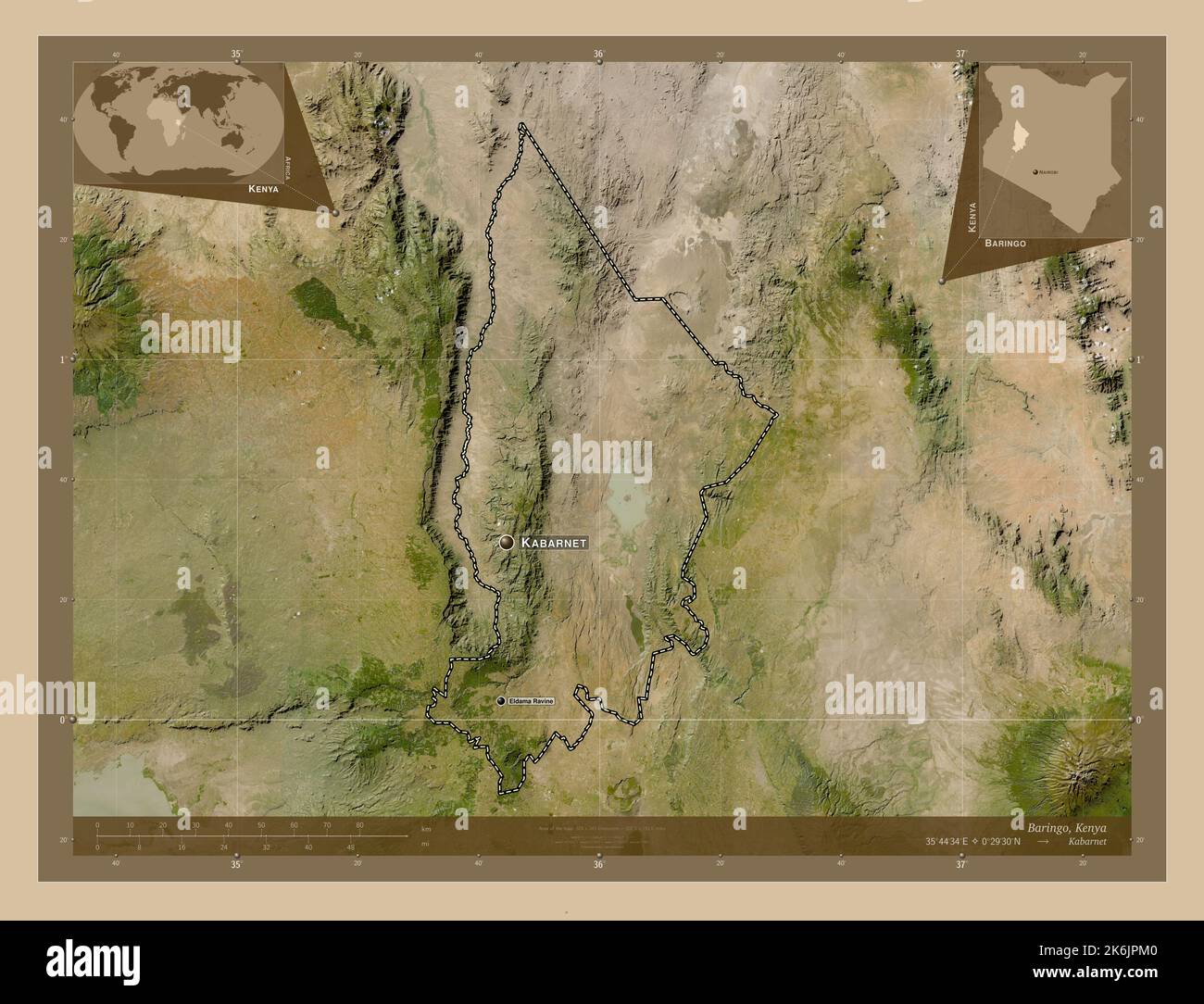 Baringo, county of Kenya. Low resolution satellite map. Locations and ...