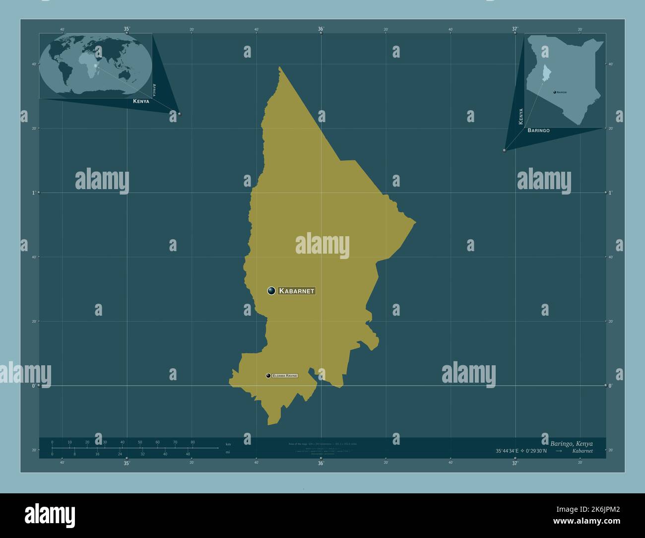 Baringo, county of Kenya. Solid color shape. Locations and names of ...