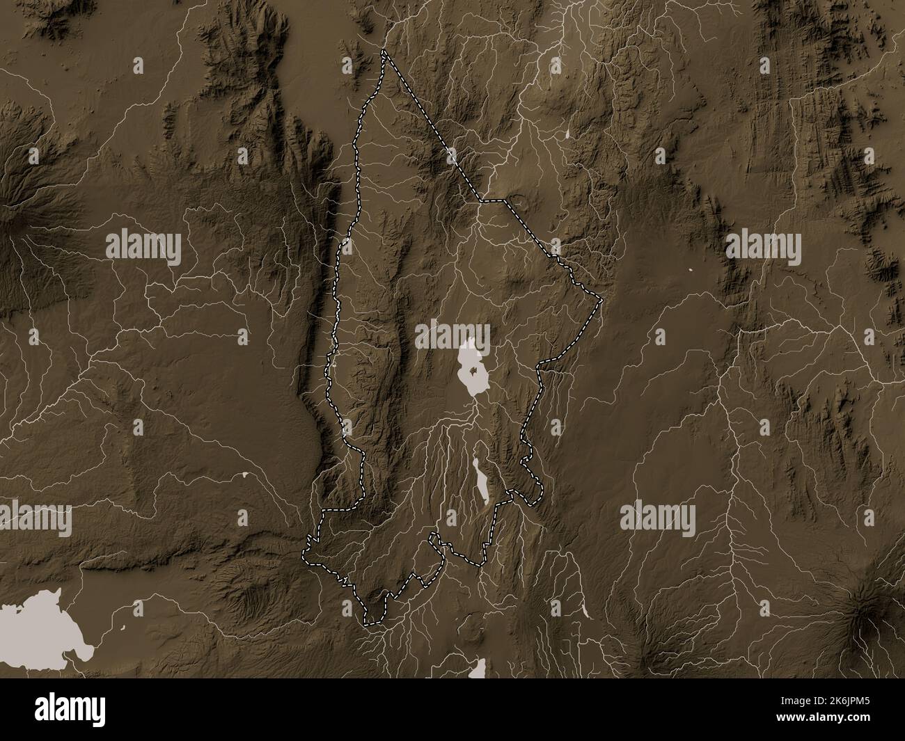 Baringo, county of Kenya. Elevation map colored in sepia tones with ...