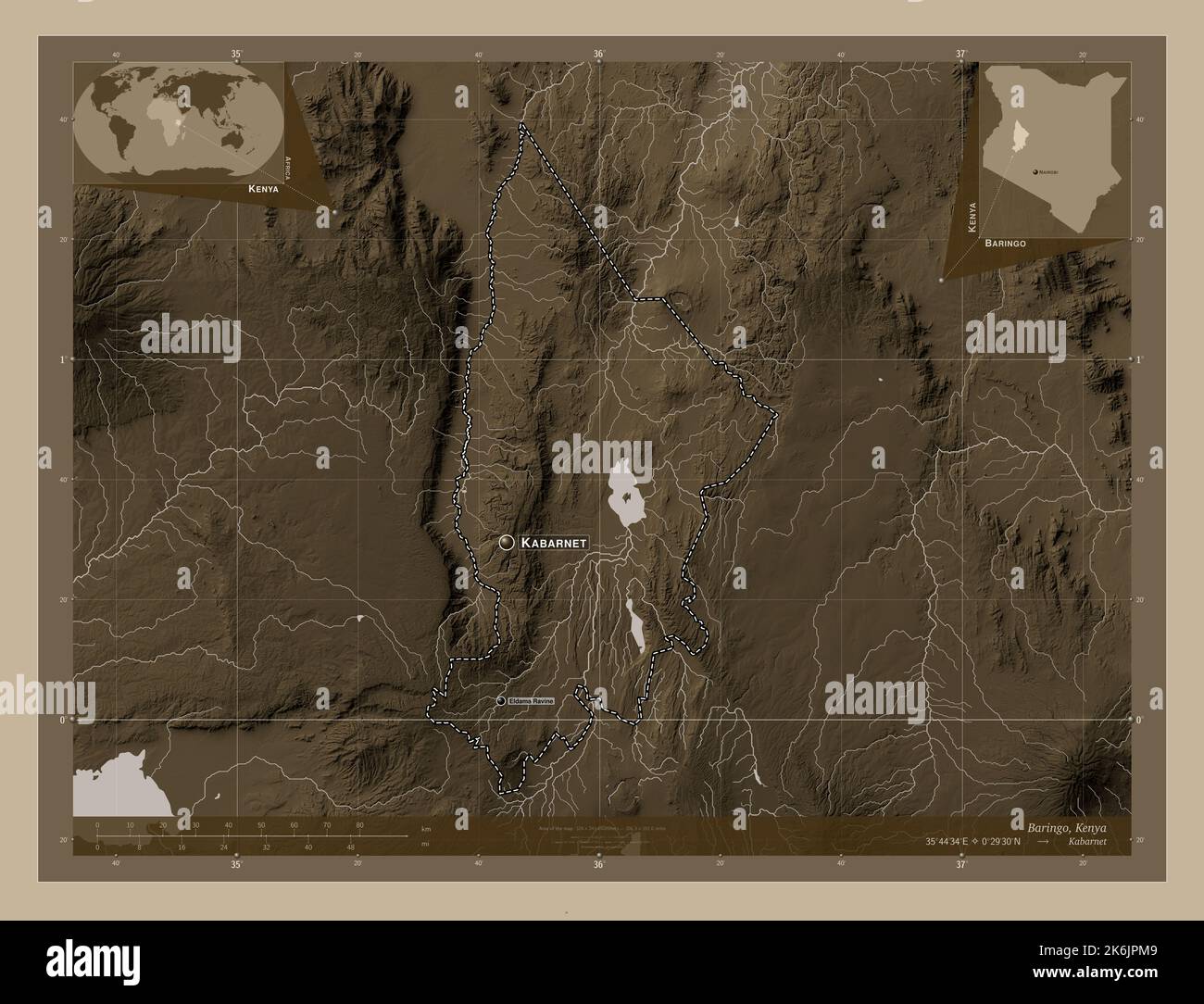 Baringo, county of Kenya. Elevation map colored in sepia tones with ...
