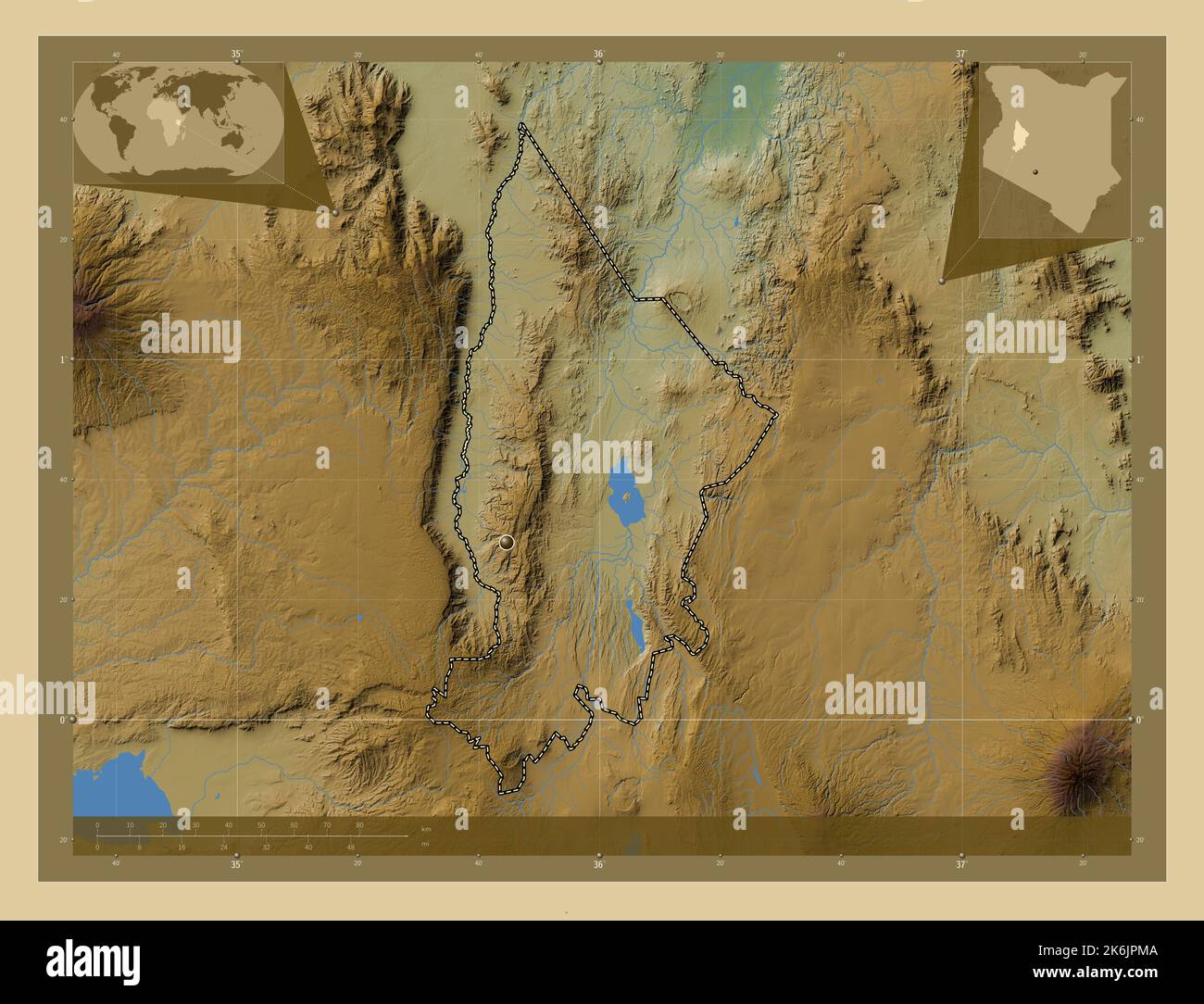 Baringo, county of Kenya. Colored elevation map with lakes and rivers ...
