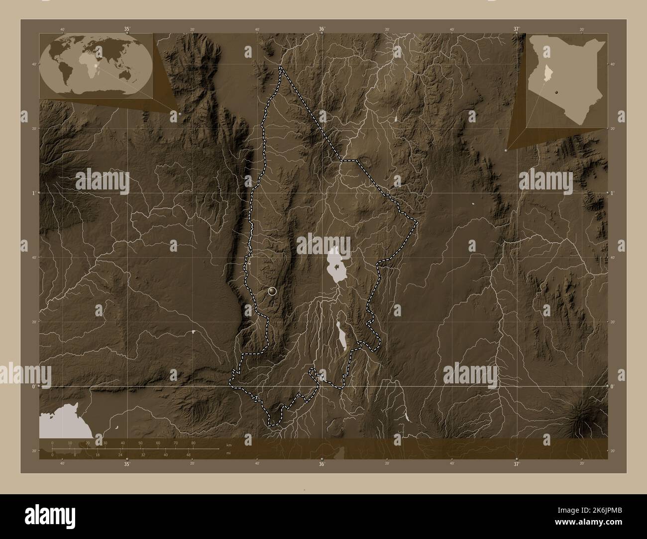 Baringo, county of Kenya. Elevation map colored in sepia tones with ...