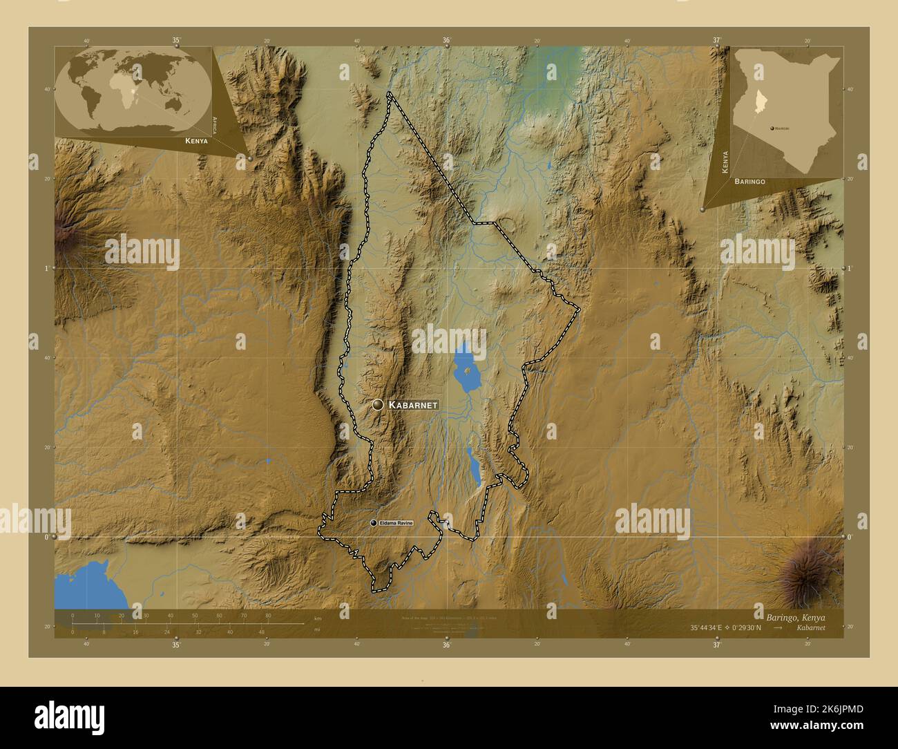 Baringo, county of Kenya. Colored elevation map with lakes and rivers ...