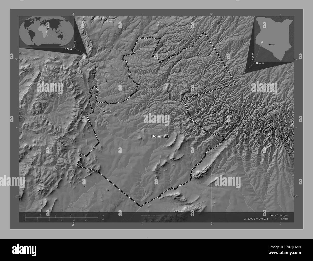 Bomet, county of Kenya. Bilevel elevation map with lakes and rivers ...