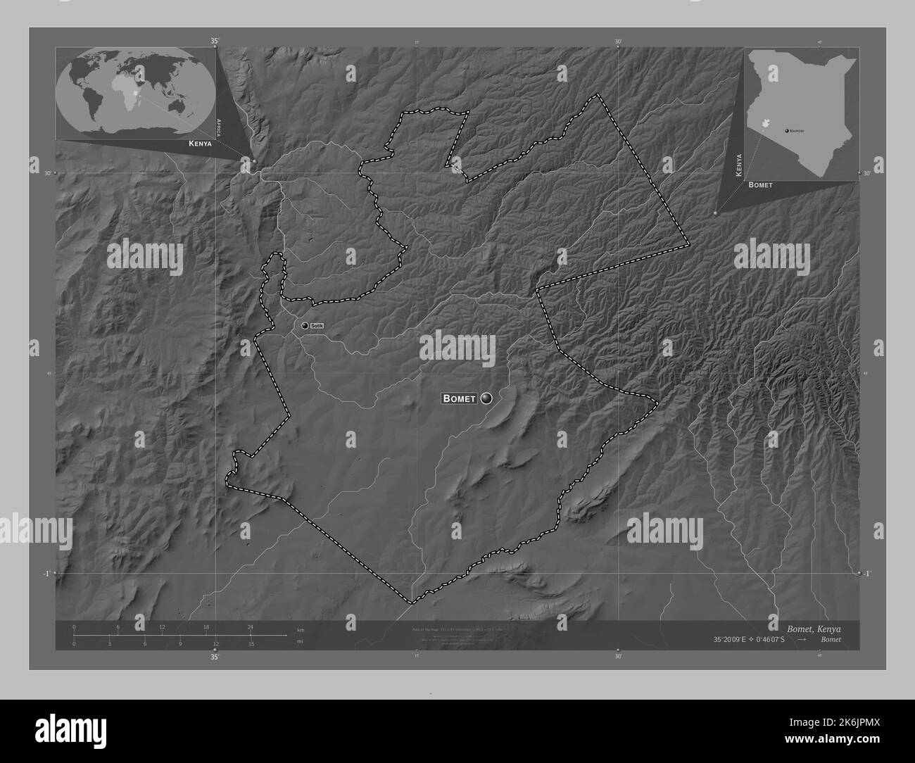 Bomet, county of Kenya. Grayscale elevation map with lakes and rivers ...
