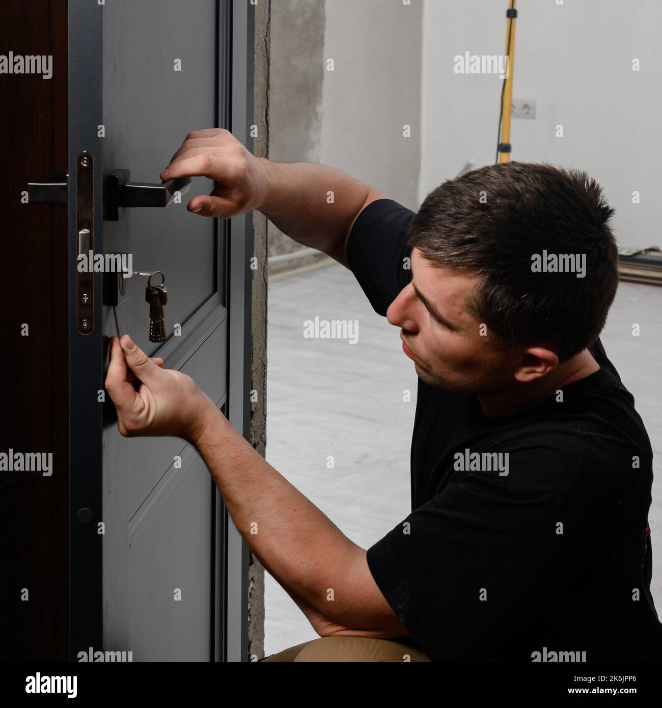 The technique of installing a door lock in an interior door, a door ...