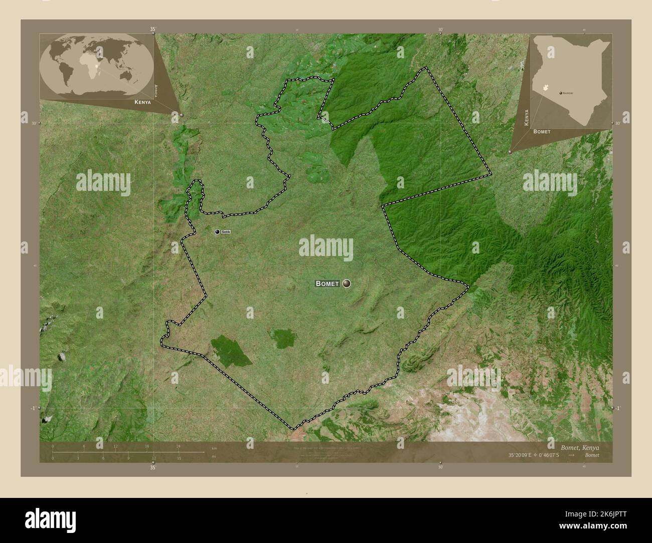 Bomet, county of Kenya. High resolution satellite map. Locations and ...