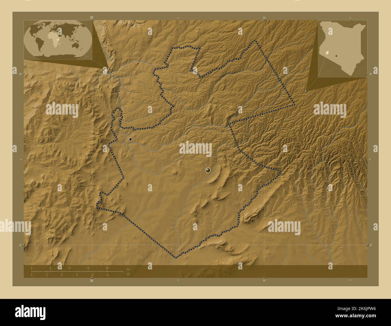 Bomet, county of Kenya. Colored elevation map with lakes and rivers ...