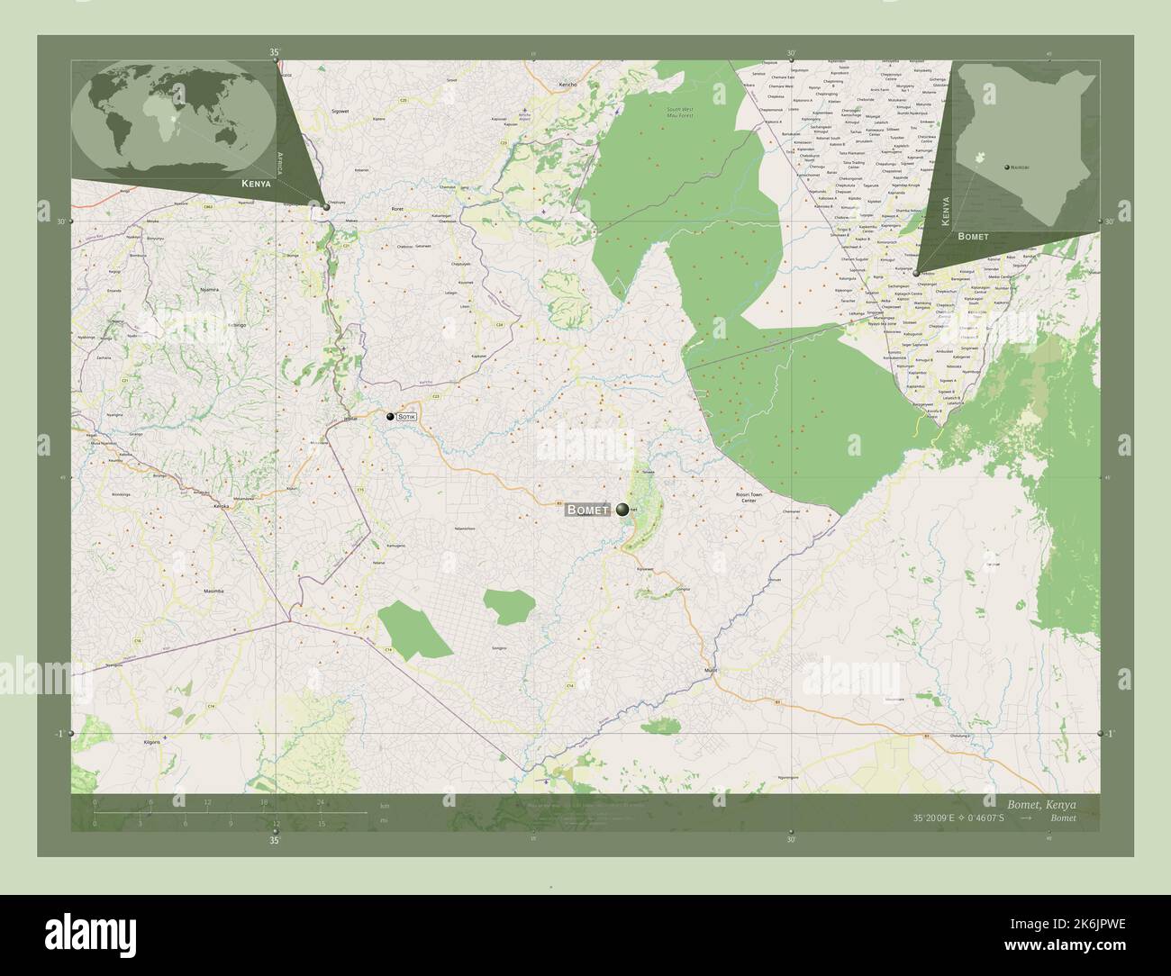 Bomet, county of Kenya. Open Street Map. Locations and names of major ...