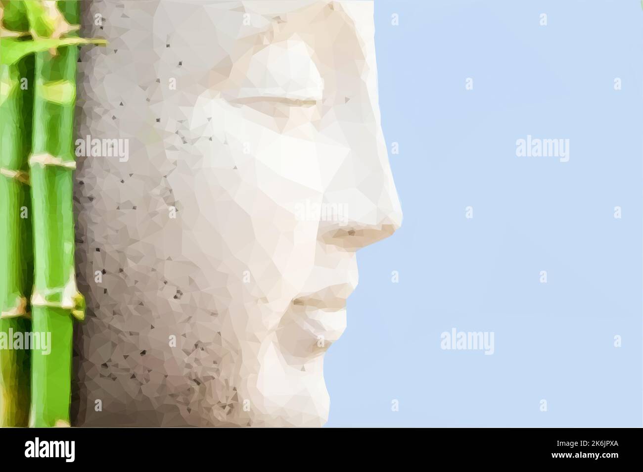 Buddha statue next to bamboo. The face expresses a lot of calmness ...