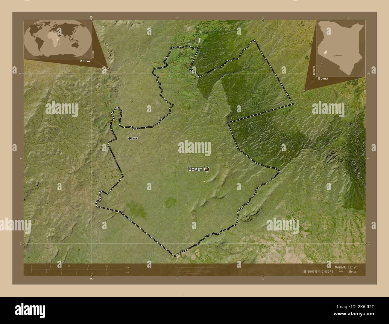 Bomet, county of Kenya. Low resolution satellite map. Locations and ...