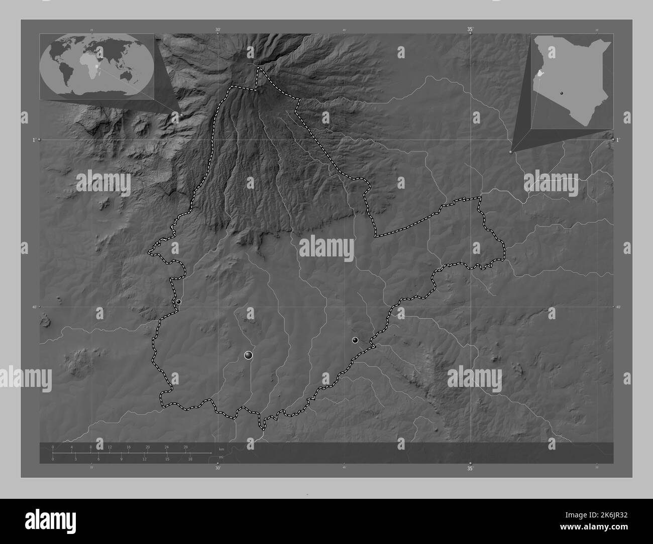 Bungoma, county of Kenya. Grayscale elevation map with lakes and rivers ...