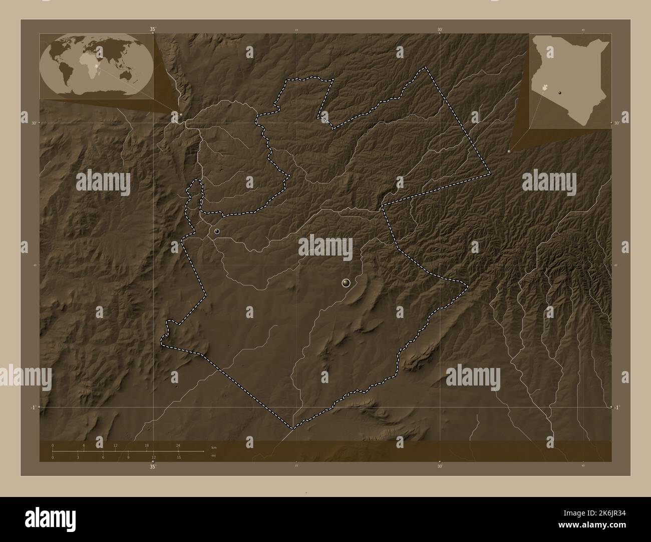 Bomet, county of Kenya. Elevation map colored in sepia tones with lakes ...