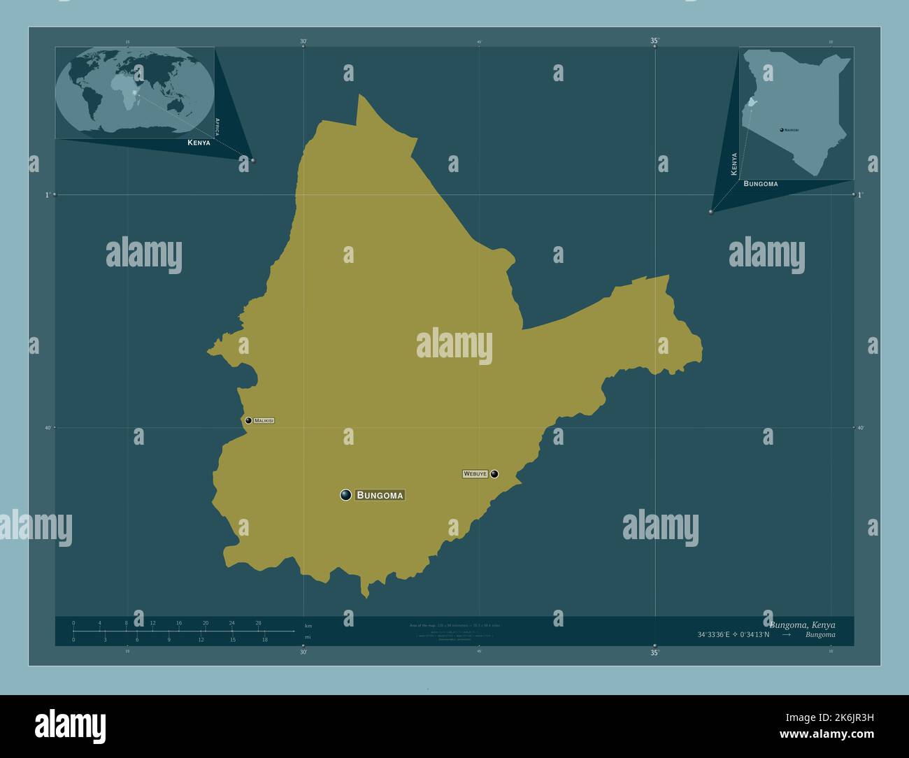 Bungoma, county of Kenya. Solid color shape. Locations and names of ...