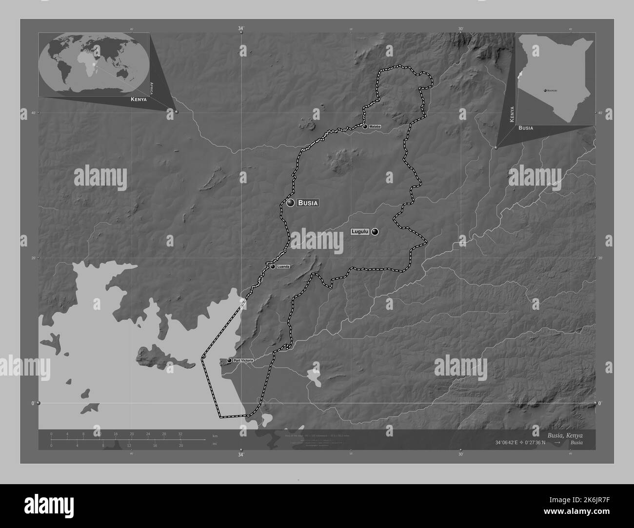 Busia, county of Kenya. Grayscale elevation map with lakes and rivers ...