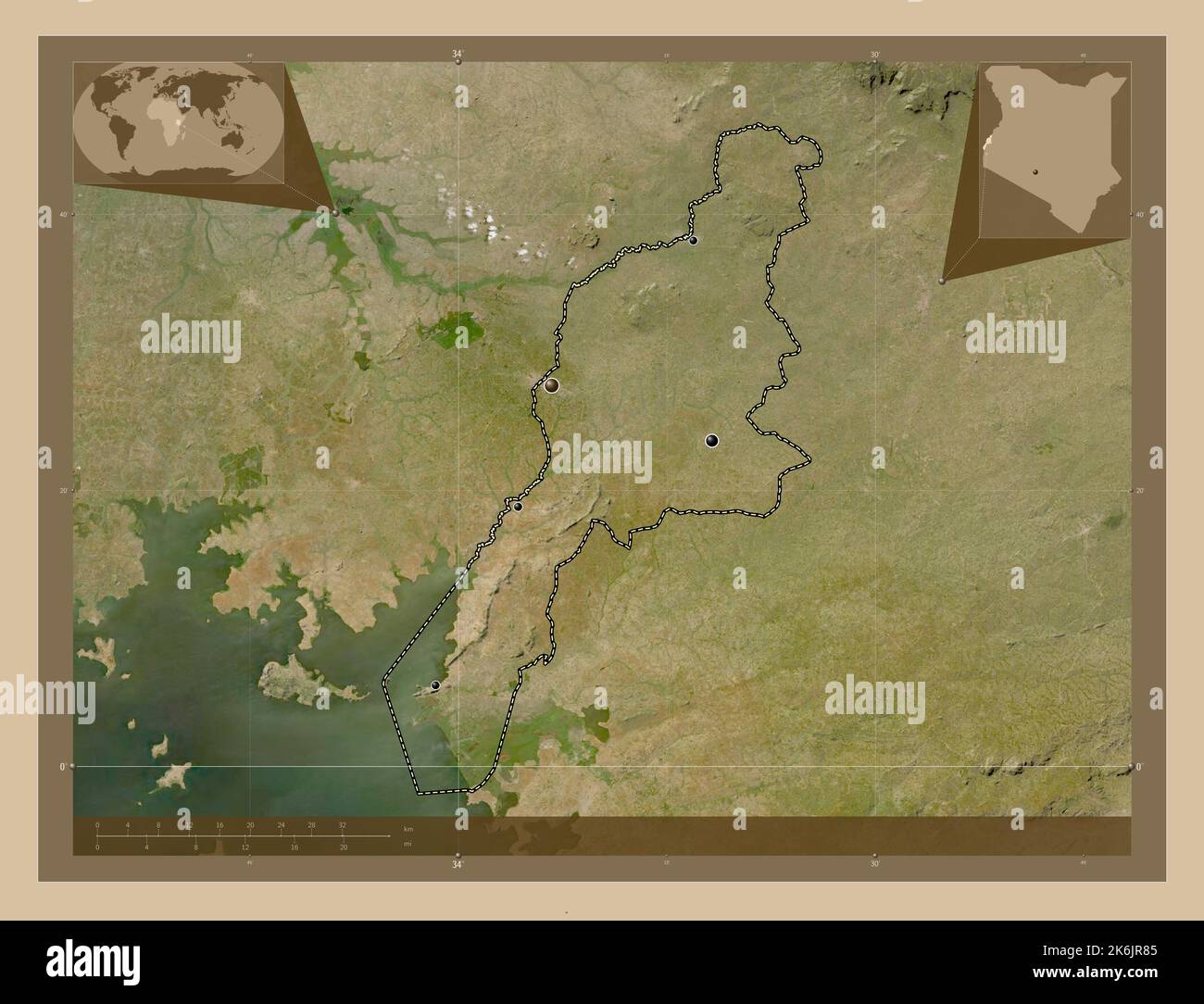 Busia, county of Kenya. Low resolution satellite map. Locations of ...