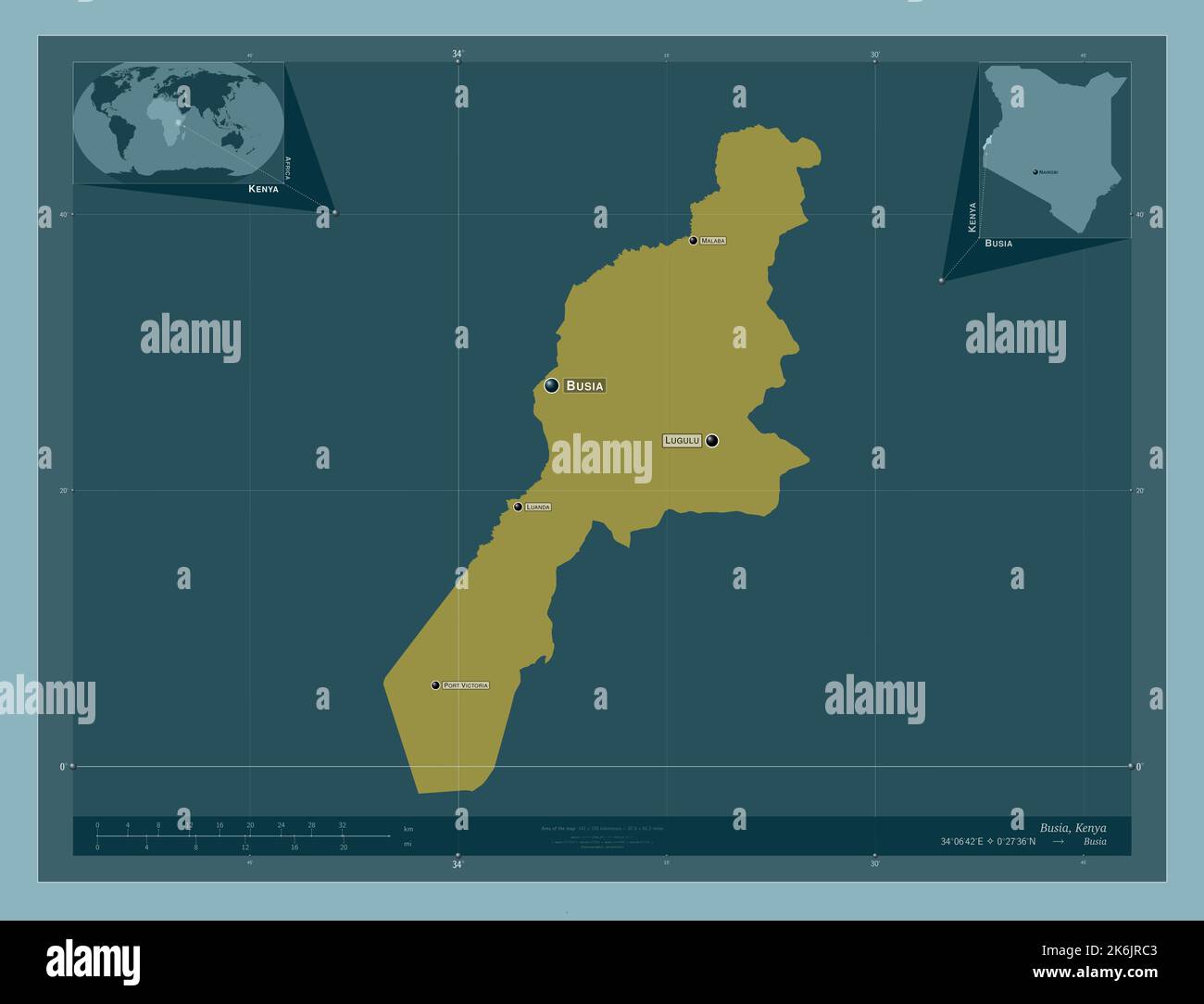Busia, county of Kenya. Solid color shape. Locations and names of major ...