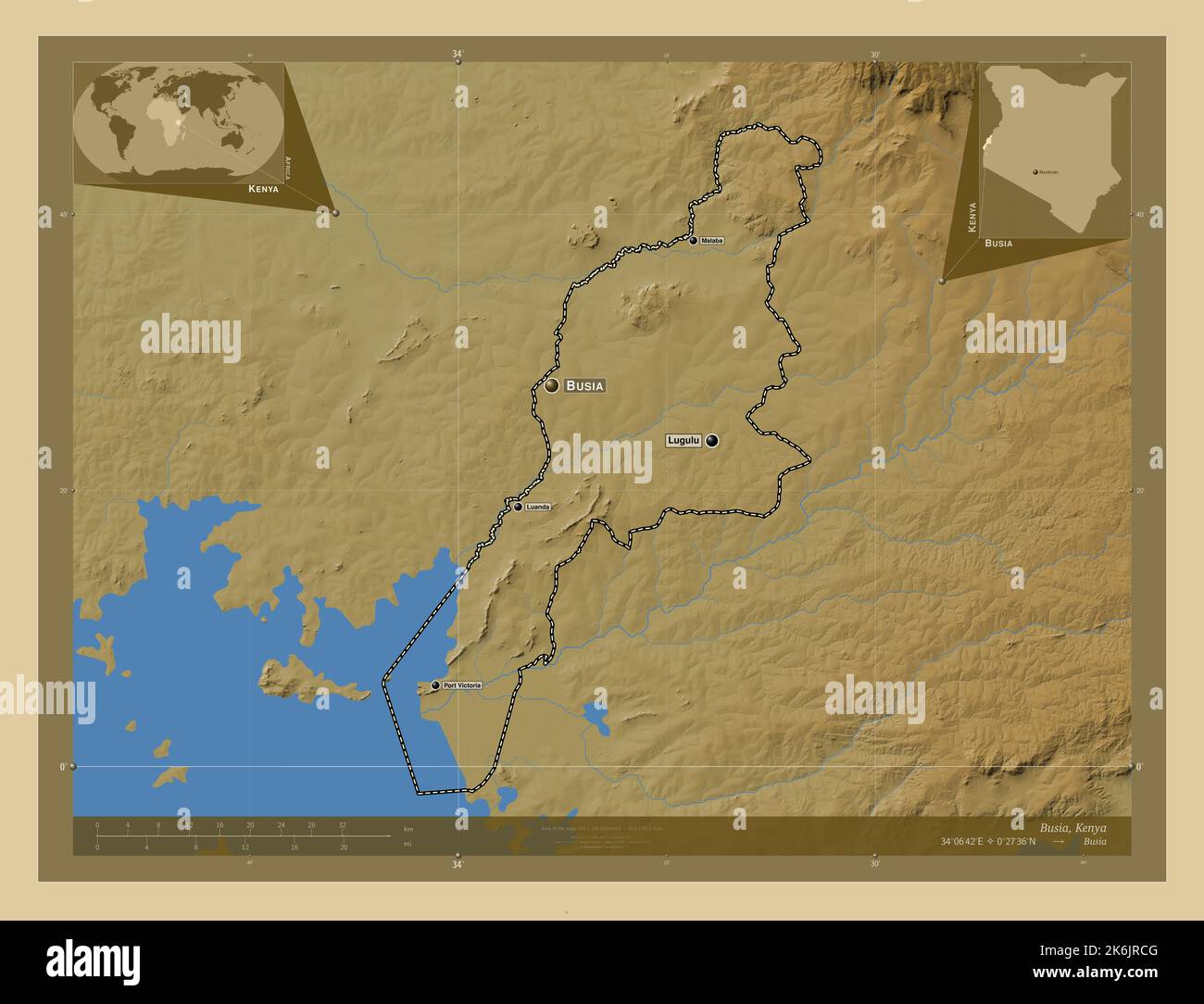 Busia, county of Kenya. Colored elevation map with lakes and rivers ...