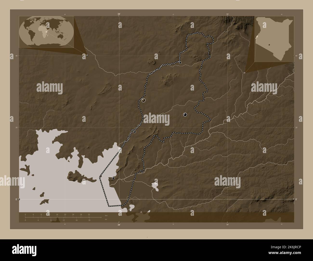 Busia, county of Kenya. Elevation map colored in sepia tones with lakes ...