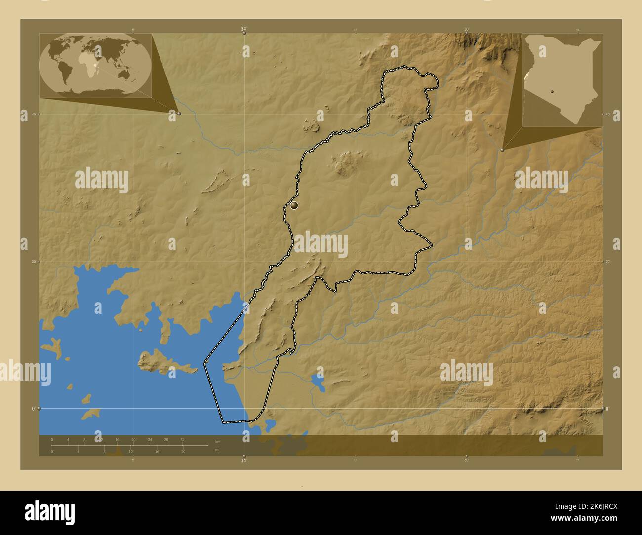 Busia, county of Kenya. Colored elevation map with lakes and rivers ...