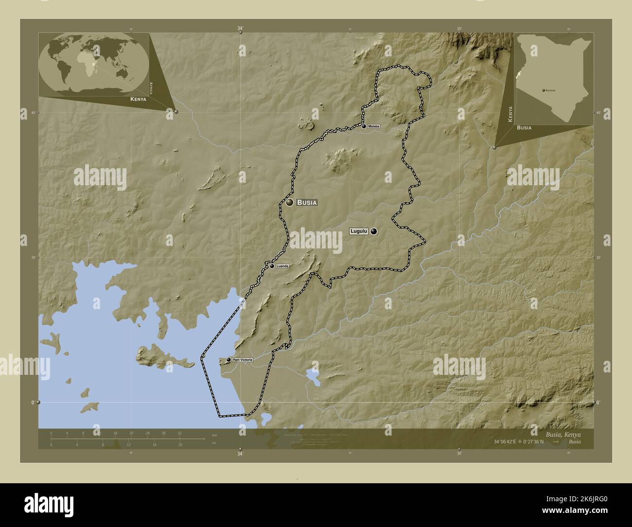 Busia, county of Kenya. Elevation map colored in wiki style with lakes ...