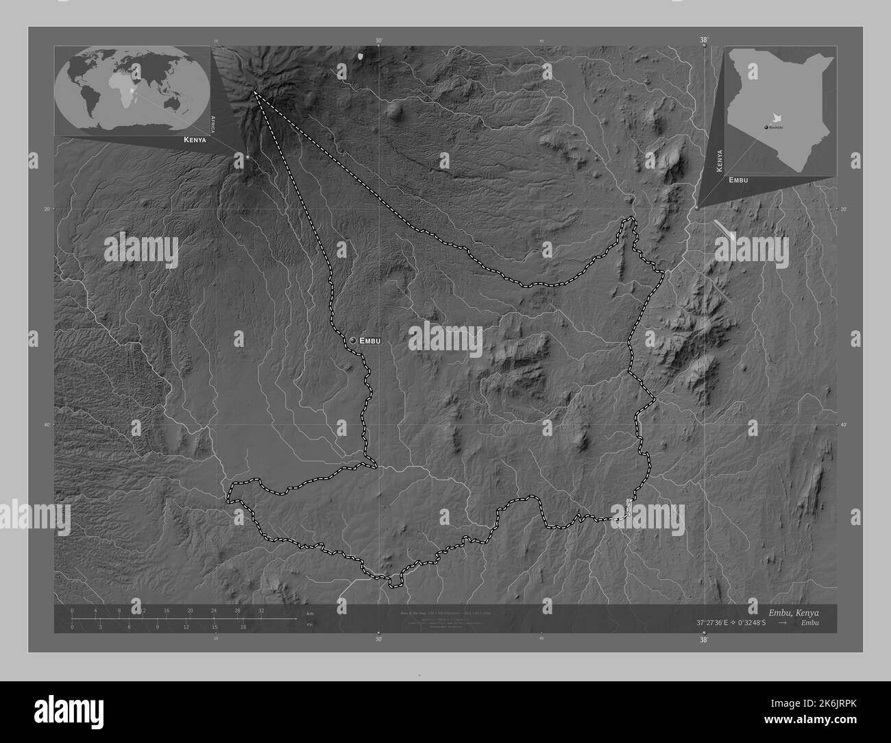 Embu, county of Kenya. Grayscale elevation map with lakes and rivers ...
