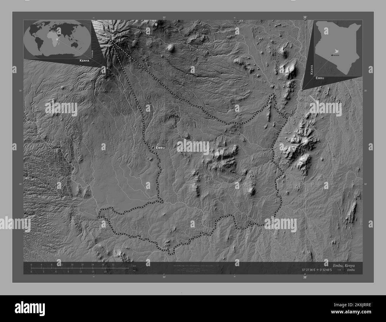 Embu, county of Kenya. Bilevel elevation map with lakes and rivers ...