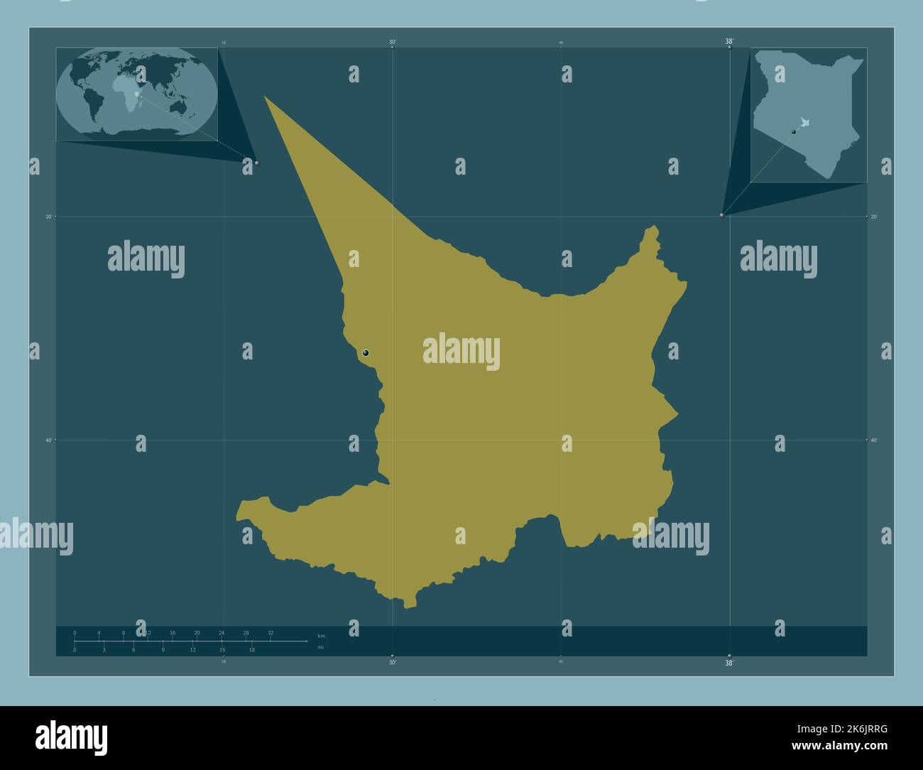 Embu, county of Kenya. Solid color shape. Locations of major cities of ...