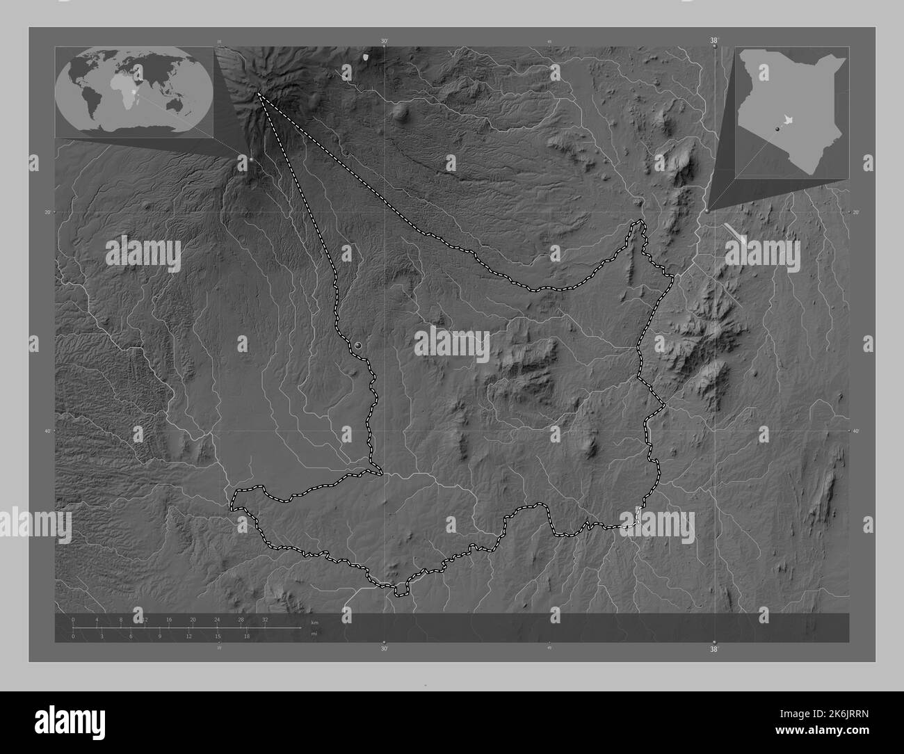 Embu, county of Kenya. Grayscale elevation map with lakes and rivers ...