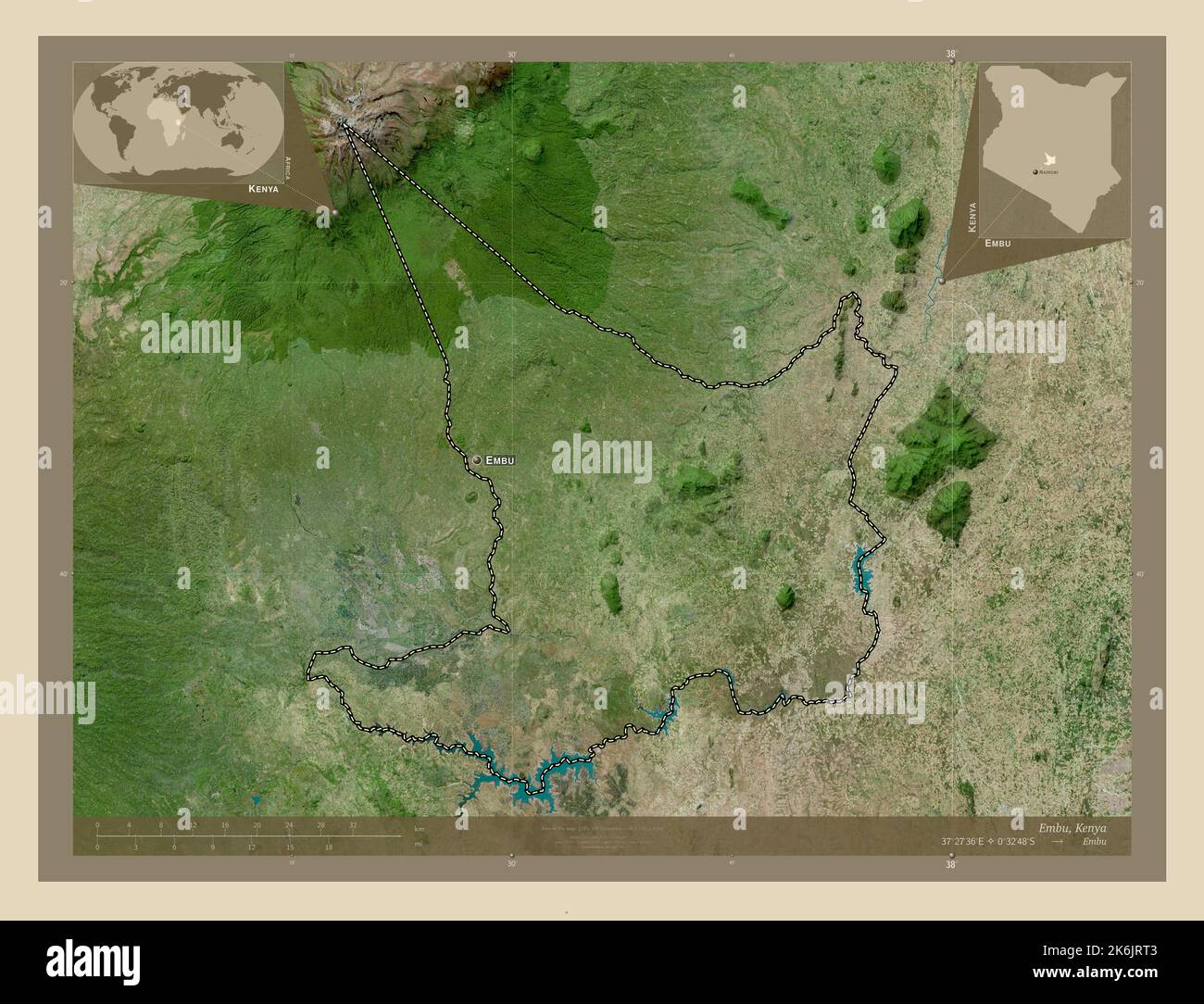 Embu, county of Kenya. High resolution satellite map. Locations and ...
