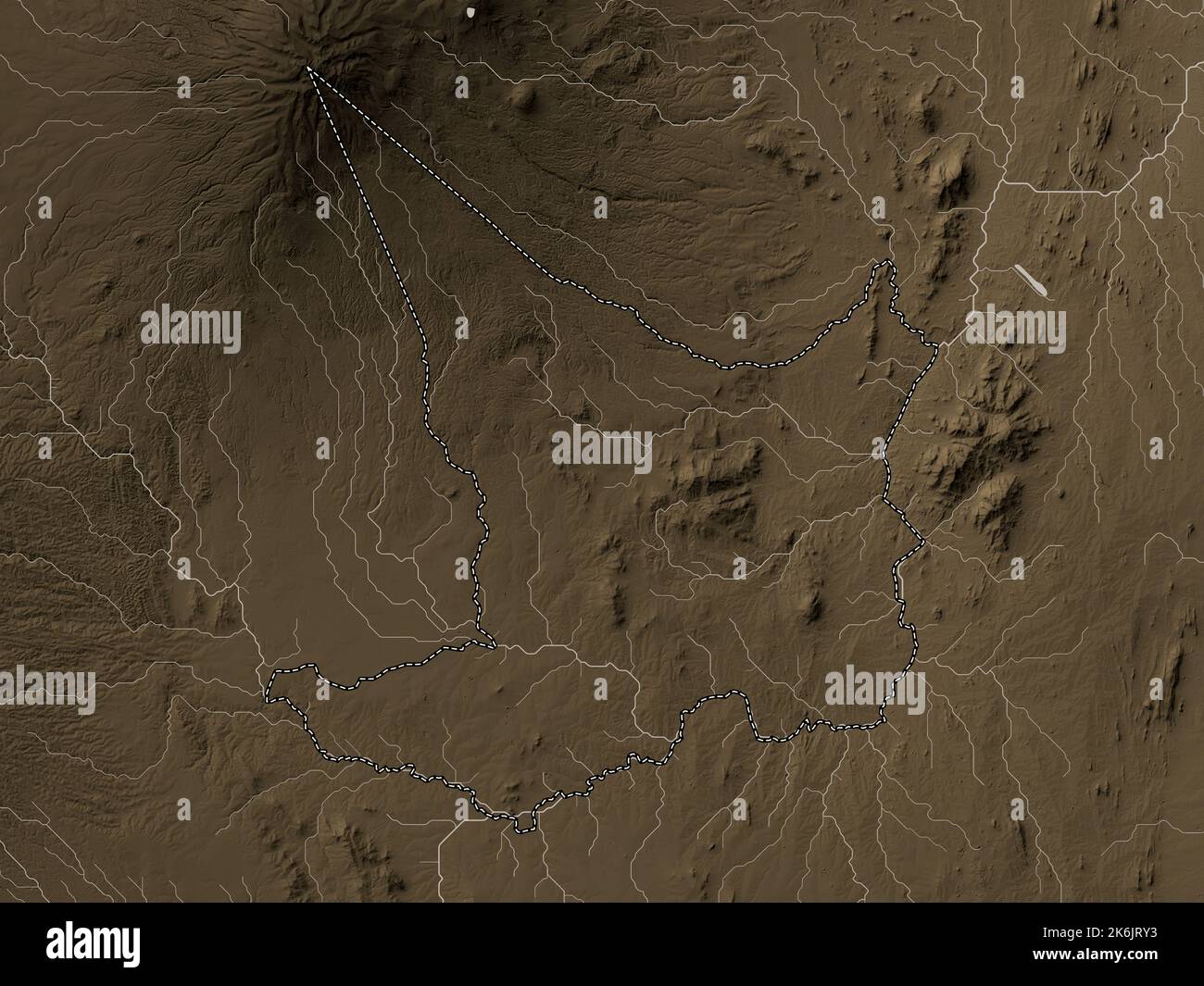 Embu, county of Kenya. Elevation map colored in sepia tones with lakes ...
