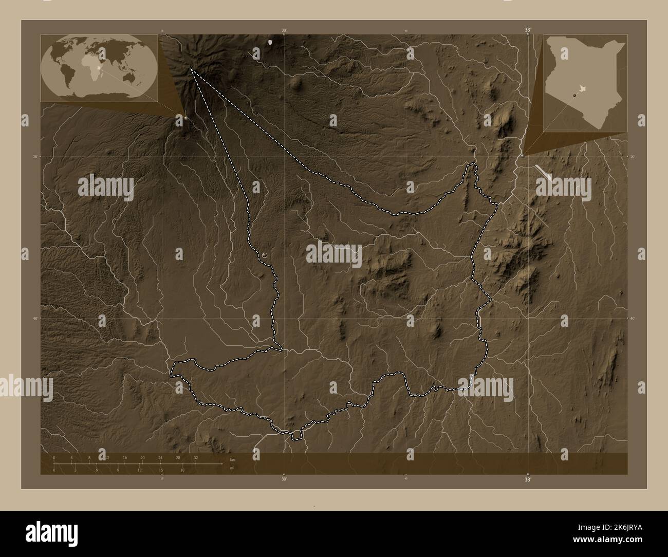 Embu, county of Kenya. Elevation map colored in sepia tones with lakes ...