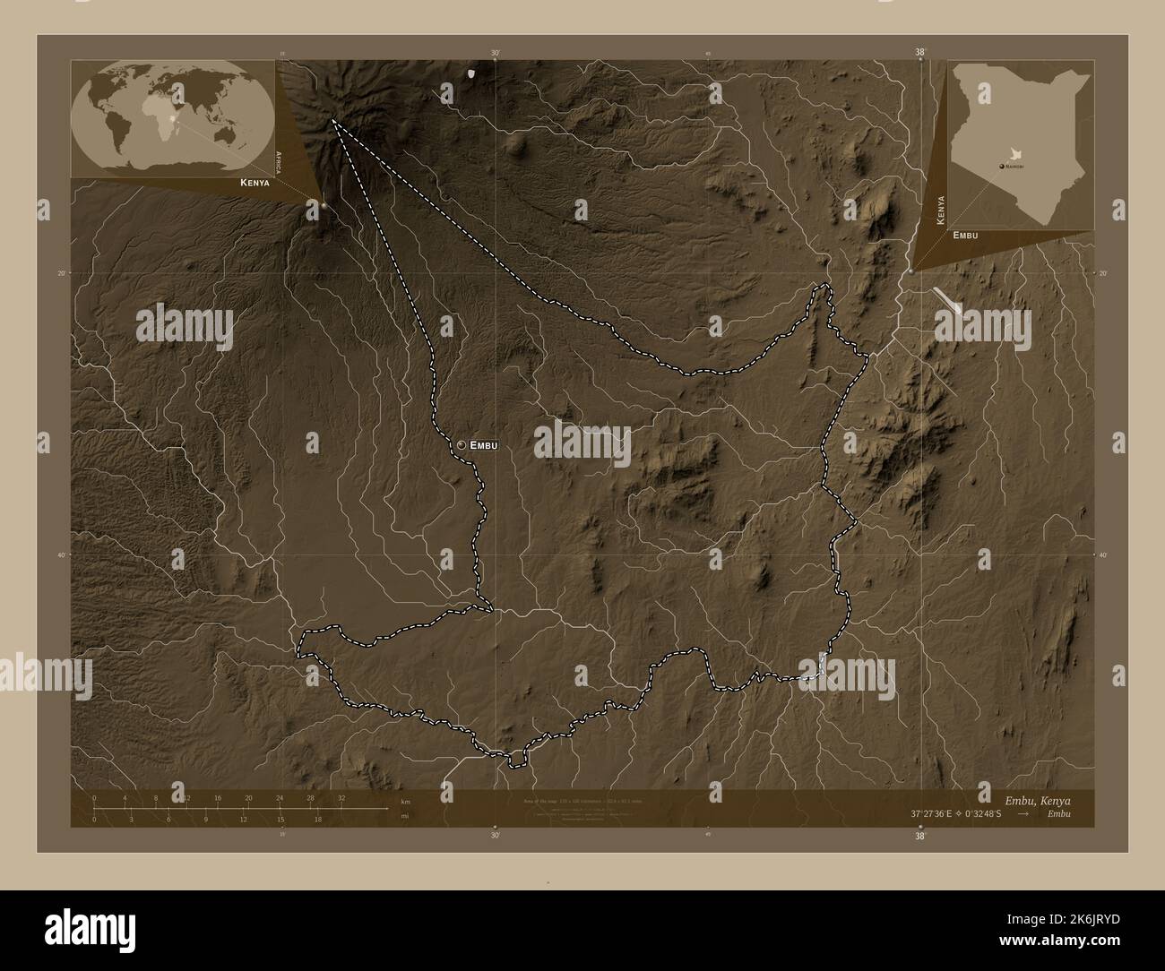 Embu, county of Kenya. Elevation map colored in sepia tones with lakes ...