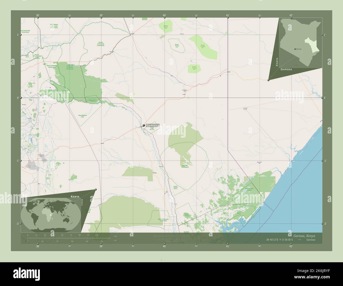 Garissa, county of Kenya. Open Street Map. Locations and names of major ...
