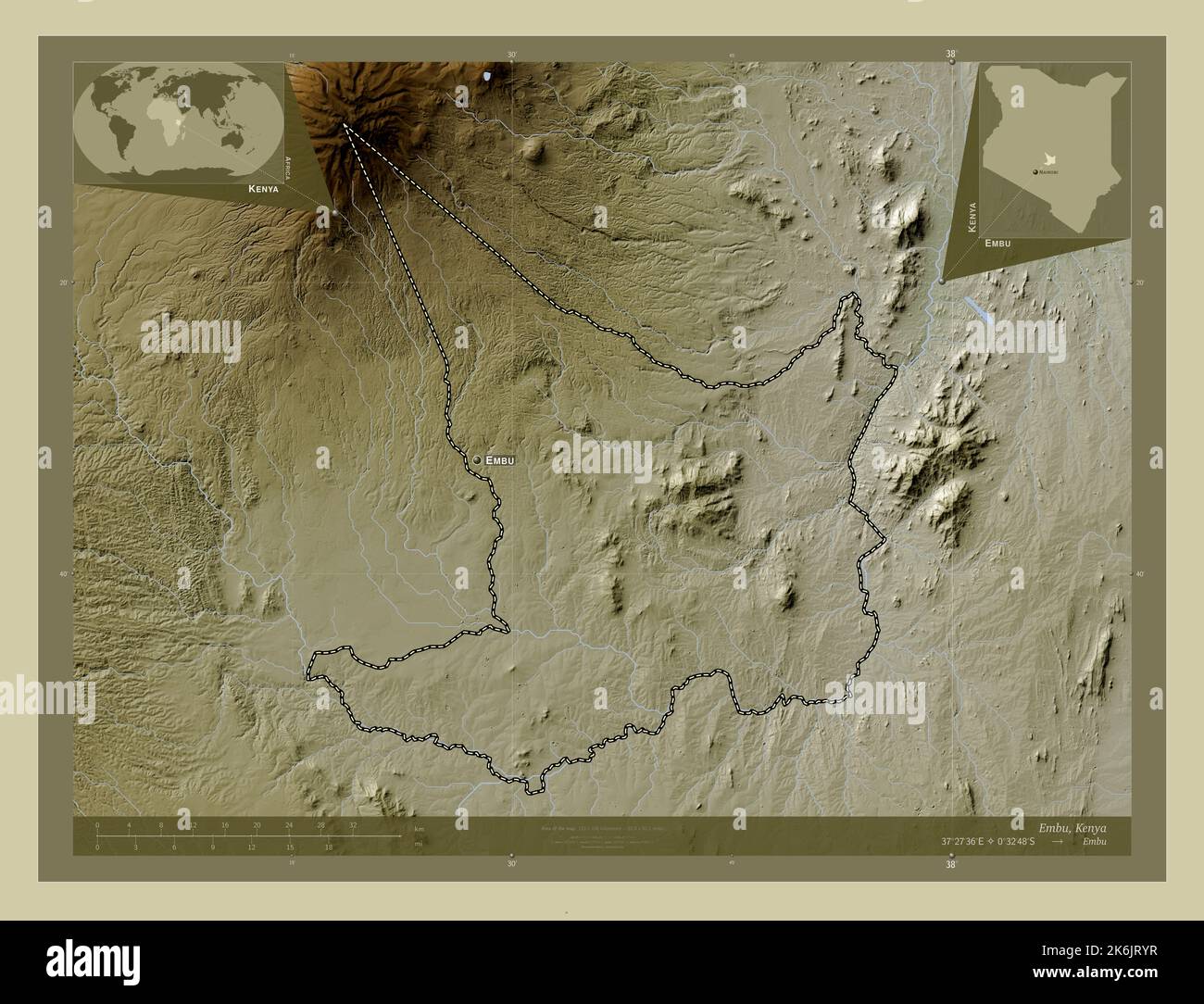 Embu, county of Kenya. Elevation map colored in wiki style with lakes ...