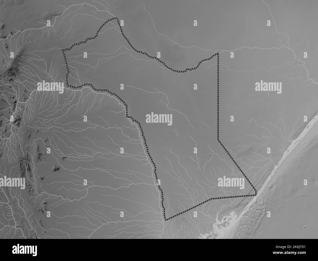 Garissa, county of Kenya. Grayscale elevation map with lakes and rivers ...