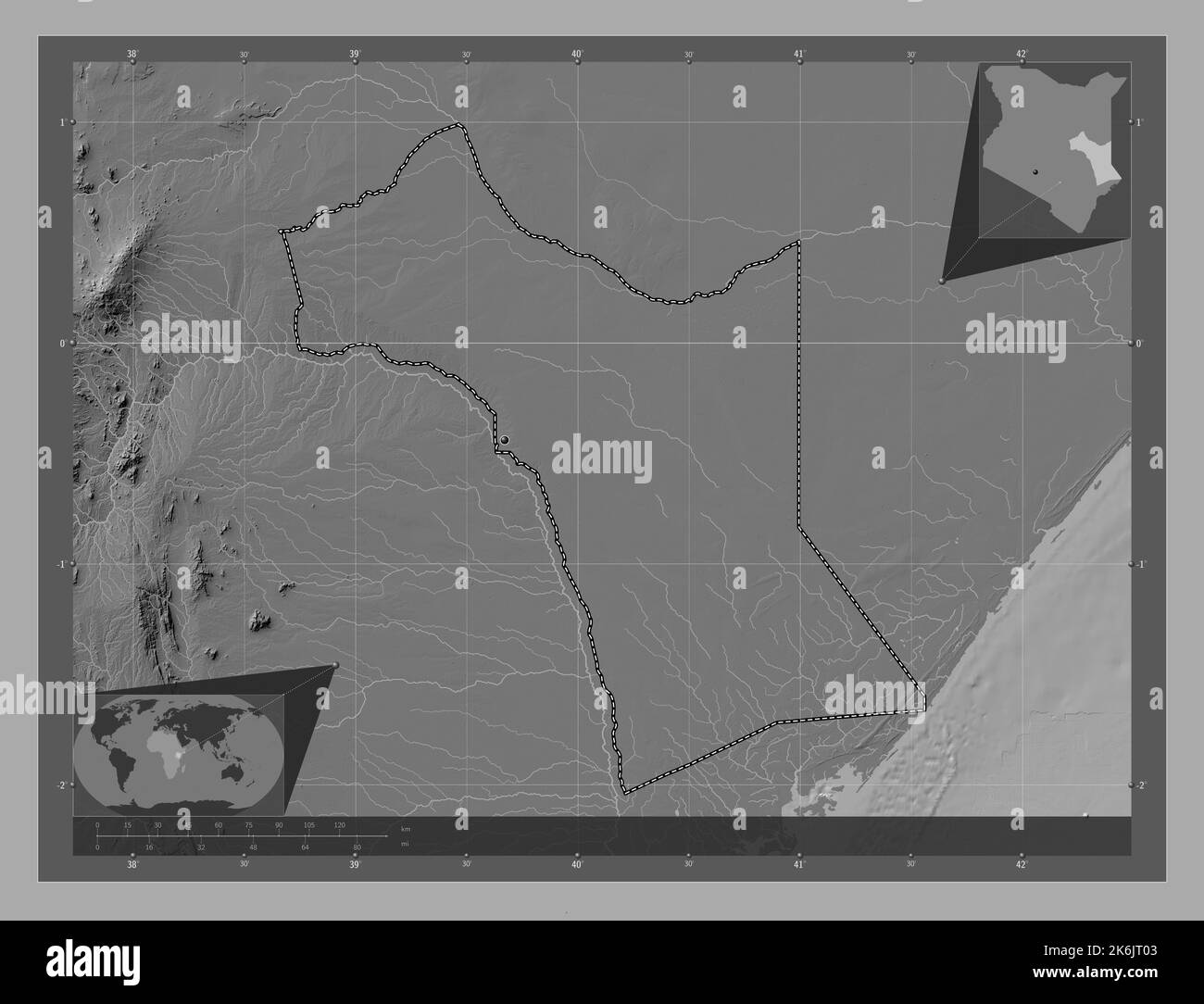 Garissa, county of Kenya. Bilevel elevation map with lakes and rivers ...